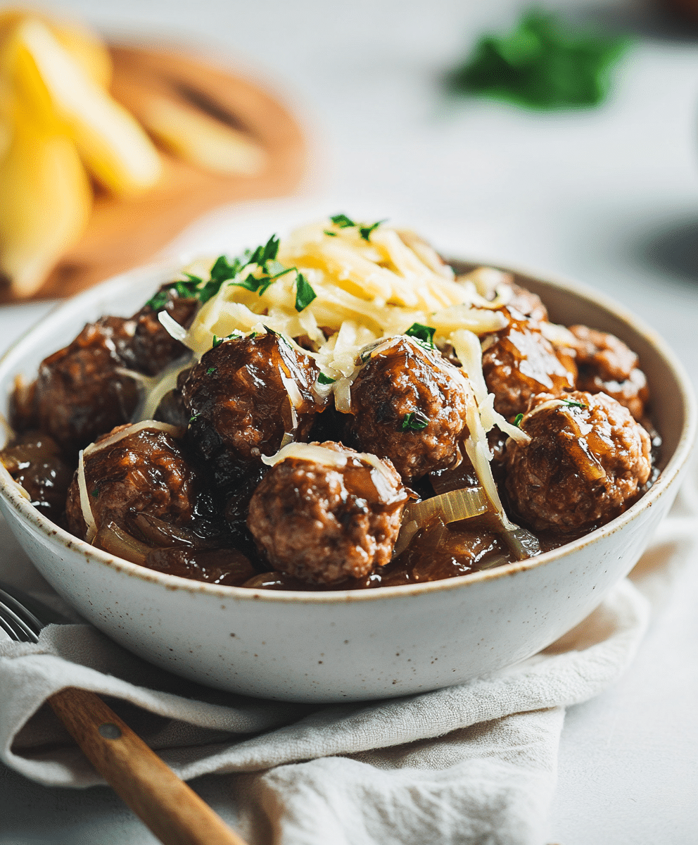 Crockpot French Onion Meatballs Recipe - cookingwithsandra.com