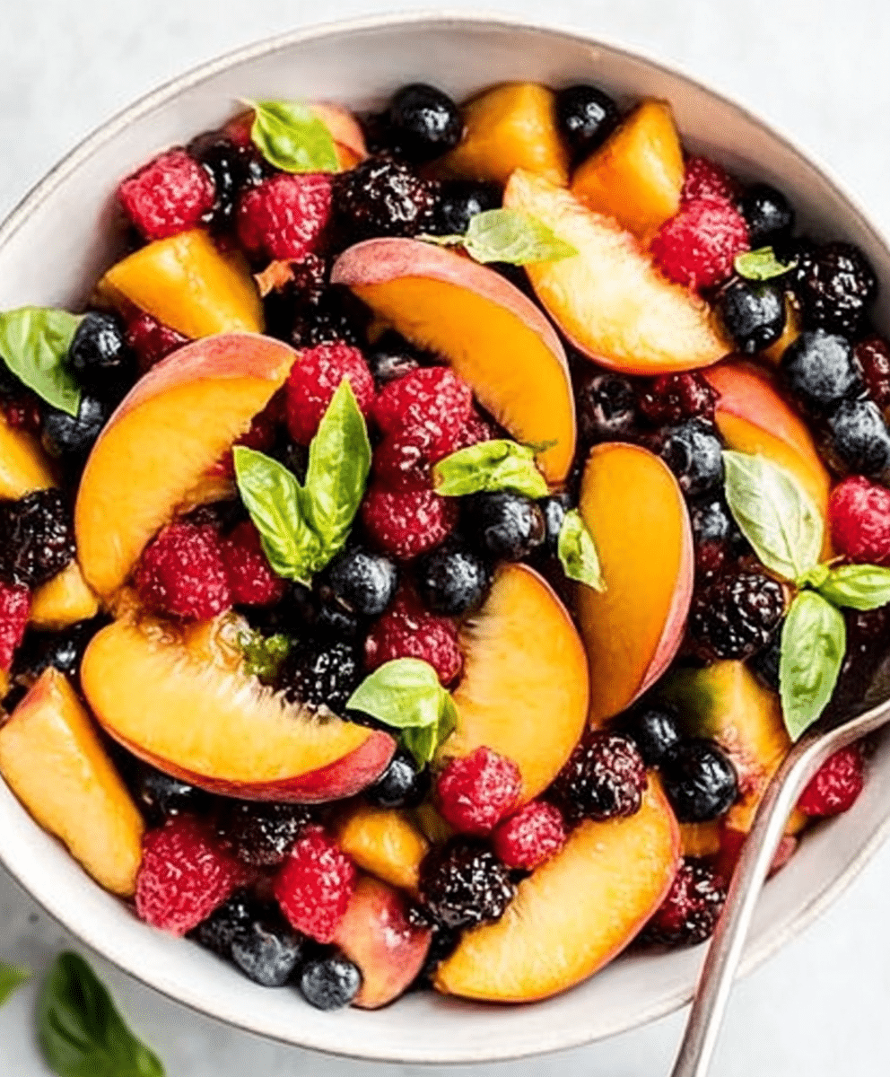 Honey Lime Basil Peach Fruit Salad Recipe - cookingwithsandra.com